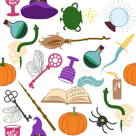 Magic Items Seamless Pattern In Flat Style School Of Magic Pumpkin Key Magic Ball Feather