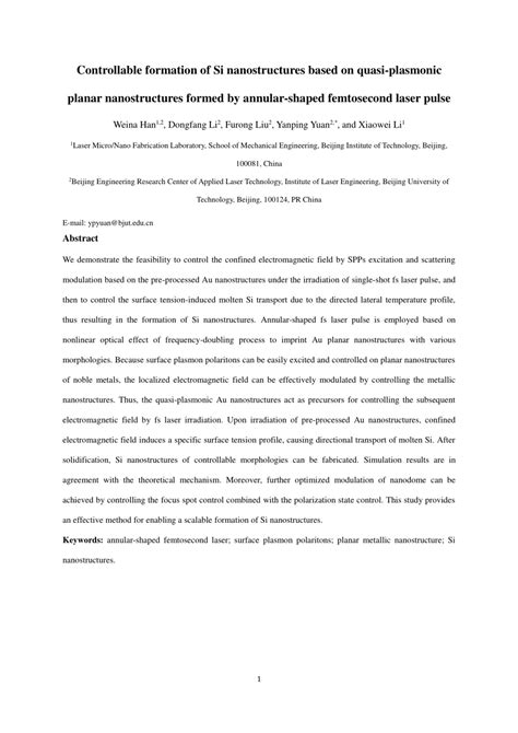 Pdf Controllable Formation Of Si Nanostructures Based On Quasi Plasmonic Planar Nanostructures