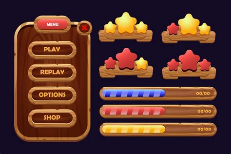 Game Buttons Of Wooden And Gold Texture Cartoon Menu Interface Elements