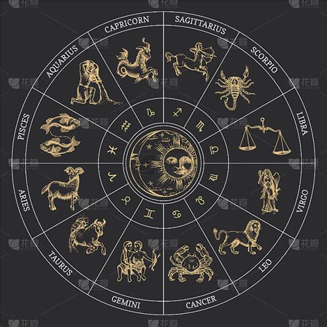 十二生肖轮与占星符号手绘插图太阳和新月星座的十二生肖圈矢量绘图的雕刻风格素材 花瓣网