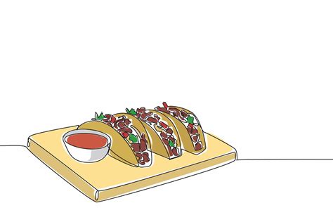 Continuous One Line Drawing Three Tacos On Cutting Board With A Small