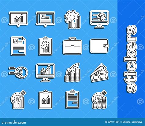 Set Line Target With Coin Symbol Stacks Paper Money Cash Wallet Pie Chart Infographic