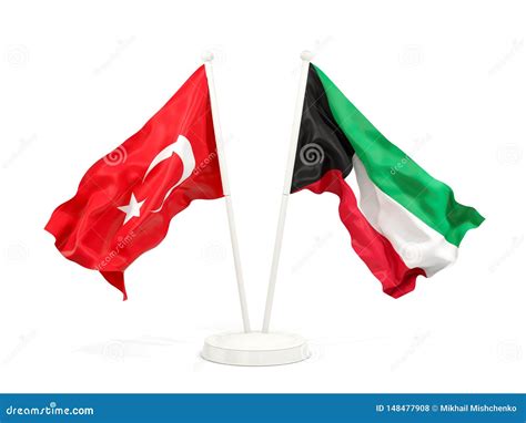 Two Waving Flags Of Turkey And Kuwait Isolated On White Stock