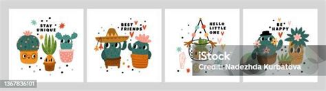 귀여운 선인장 카드 재미있는 가시 식물 만화 캐릭터 멕시코 기호 꽃과 다육 식물과 선인장 예쁜 얼굴과 모자 장식 냄비 벡터 사각형 포스터 세트 귀여운에 대한 스톡 벡터 아트