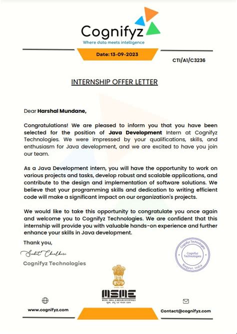 Harshal Mundane On Linkedin Internship Javadeveloper Cognifyz Cognifyztech
