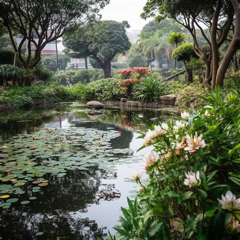 Premium AI Image A Pond With Water Lilies And A Tree In The Background