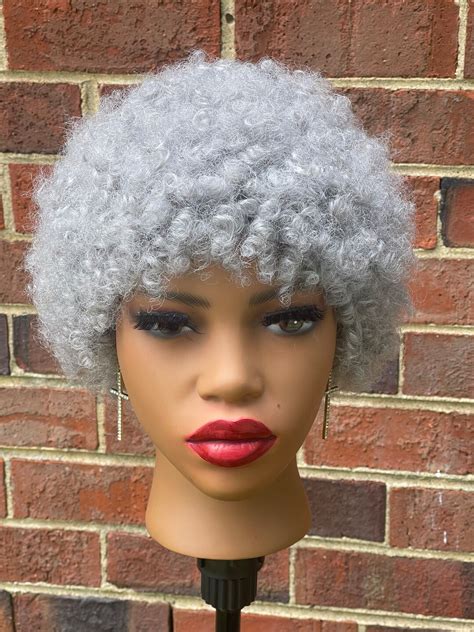 Kinky Curly Mixed Grey Silver Gray Afro Synthetic Wig With Full Bangs