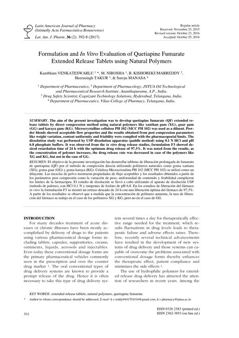 Pdf Formulation And In Vitro Evaluation Of Quetiapine Fumarate
