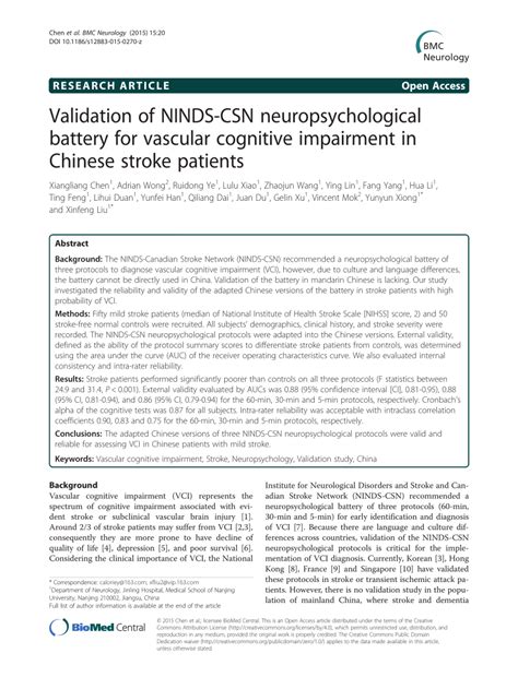 Pdf Validation Of Ninds Csn Neuropsychological Battery For Vascular