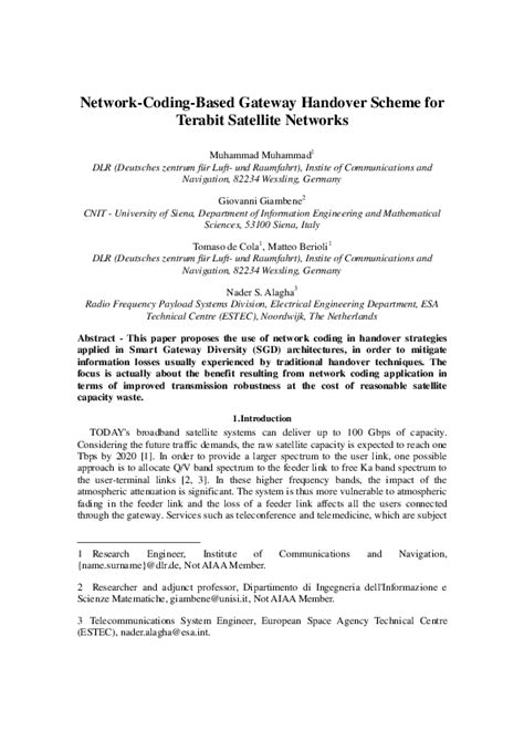 pdf network coding based gateway handover scheme for terabit satellite networks