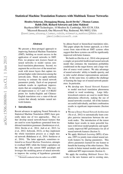 Pdf Statistical Machine Translation Features With Multitask Tensor