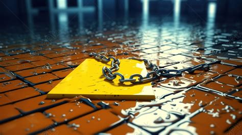 눈길을 끄는 3d 렌더링 체인링크 울타리에 걸려 있는 암호화 테마 주의 젖은 바닥 표지판 눈길 배경 주의 배경 표지판 배경 이미지 Hd 눈길 주의 표지판 배경