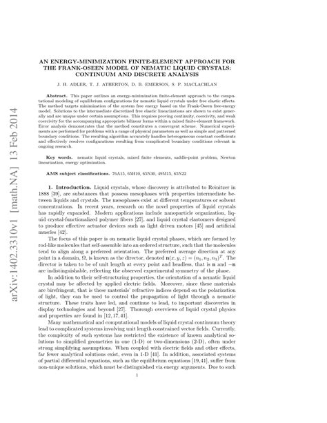 Pdf An Energy Minimization Finite Element Approach For The Frank Oseen Model Of Nematic