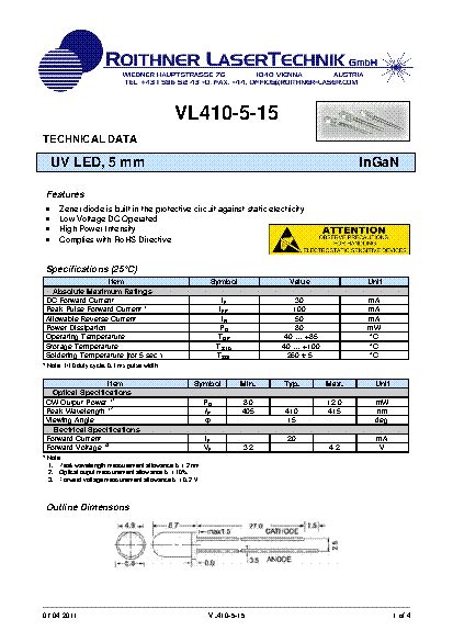 VL410-5-15 datasheet - Standard Leds. Wavelength : 410 nm ; Output ...