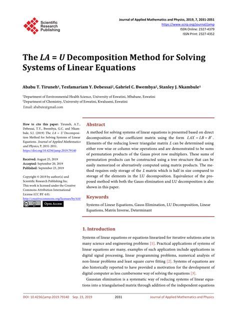 Pdf The La U Decomposition Method For Solving Systems Of Linear Equations