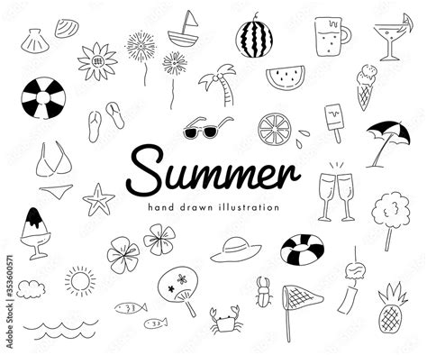 手書きの夏アイテムのイラストのセット／おしゃれ／ビーチ Illustration Stock Adobe Stock