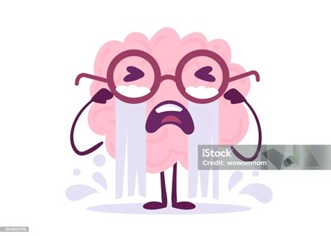 화이트 컬러 배경에 눈물의 흐름과 감정적 울음 핑크 인간의 뇌 캐릭터의 벡터 창조적 인 그림 안경에 불행한 두뇌의 플랫 낙서 스타일 지식 개념 디자인 교육에 대한 스톡 벡터