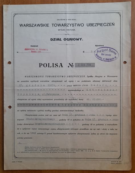 Warszawskie Towarzystwo Ubezpieczeń Sa Polisa Katowice 1932 R Aukcja Internetowa