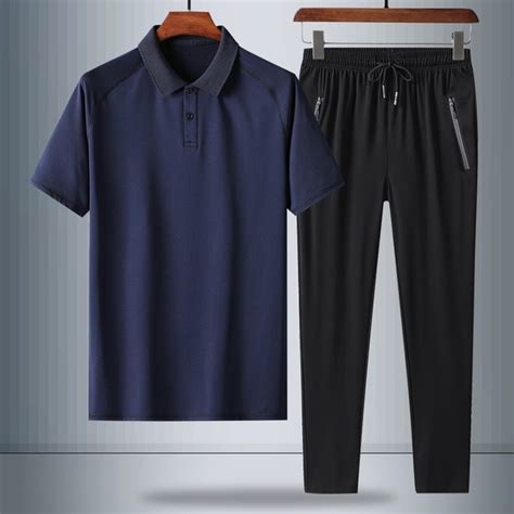 2 In 1 여름 통기성 얼음 실크 폴로 셔츠 Raglan 반팔 티셔츠 바지 루즈 캐주얼 스포츠 정장 중년 및 노인 남성 색상 8792 진한 파란색 크기 L