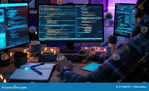software developer working on code in dual monitor setup aig41 stock image image of dual