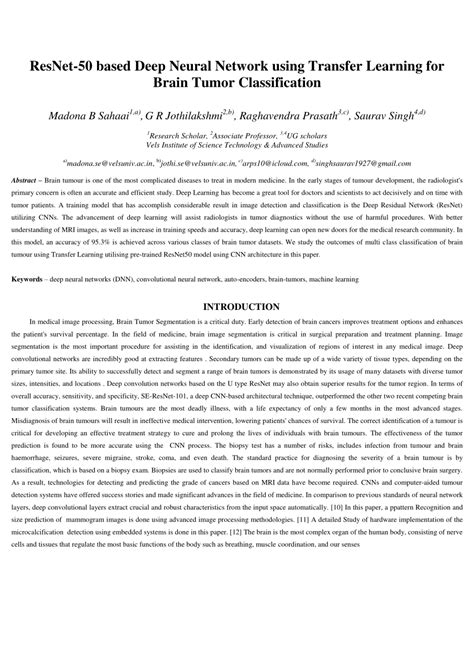 PDF ResNet Based Deep Neural Network Using Transfer Learning For Brain Tumor Classification