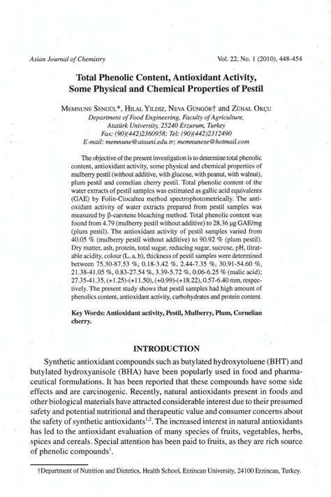 Pdf Total Phenolic Content Antioxidant Activity Some Physical And Chemical Properties Of Pestil