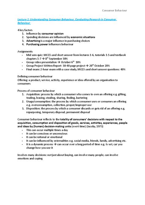 Consumer Behaviour Lecture Notes All Lecture Understanding Consumer Behaviour Conducting