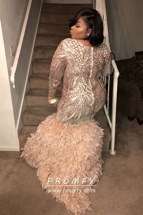 Gold Sequin Feather Long Sleeve Plus Size Prom Gown Promfy