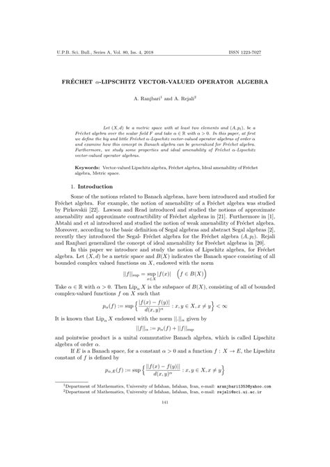 Pdf Fréchet α Lipschitz Vector Valued Operator Algebra