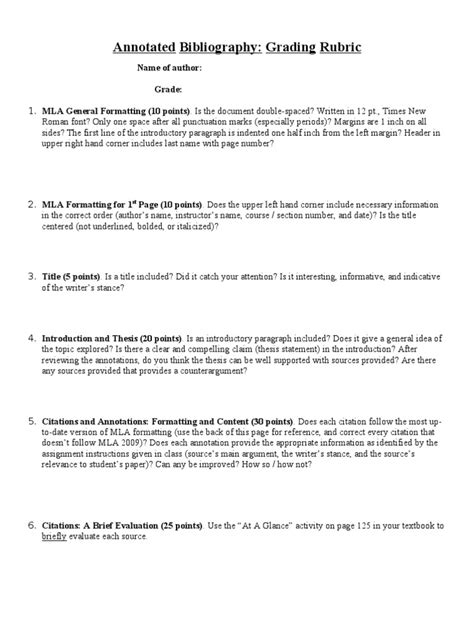 Annotated Bibliography Grading Rubric Pdf Citation Books