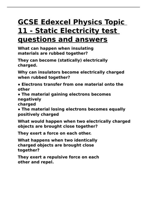 Gcse Edexcel Physics Topic 11 Static Electricity Test Questions And Answers Static