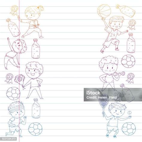 어린이와 스포츠 활동의 벡터 그림입니다 축구 축구 달리기 춤 무술 학교와 유치원에서 건강 관리 Baseball Team에 대한 스톡 벡터 아트 및 기타 이미지 Istock