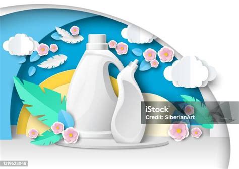 연단에 액체 청소기 포장 플라스틱 병 모형 종이 컷 꽃 배경 가정용 화학 광고 벡터 3차원 형태에 대한 스톡 벡터 아트 및 기타 이미지 3차원 형태 가사 집안일 가정