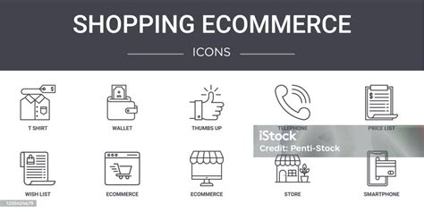 쇼핑 전자 상거래 개념 라인 아이콘 세트 웹 로고 지갑 전화 위시리스트 전자 상거래 상점 스마트 폰 가격표 엄지 손가락 까지 사용할 수있는 아이콘이 포함되어 있습니다 가격에