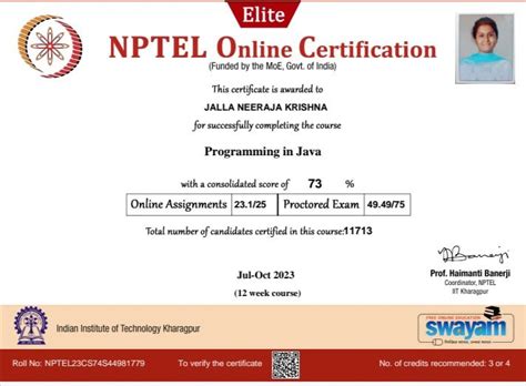Secured Elite Certificate In Java Programming Nptel Java Neeraja Krishna Jalla