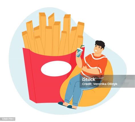 뚱뚱한 남자 비만으로 이어지는 과식 패스트 푸드를 가진 뚱뚱한 남자 식욕을 돋는 사람 문제 과체중 뚱뚱한 남자 벡터 일러스트레이션 감자 요리에 대한 스톡 벡터 아트 및 기타