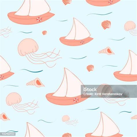 여름 항해 완벽 한 패턴입니다 요트 보트 해파리와 바다 파티 벡터 배경입니다 개체 그룹에 대한 스톡 벡터 아트 및 기타 이미지 개체 그룹 고풍스런 과일 Istock