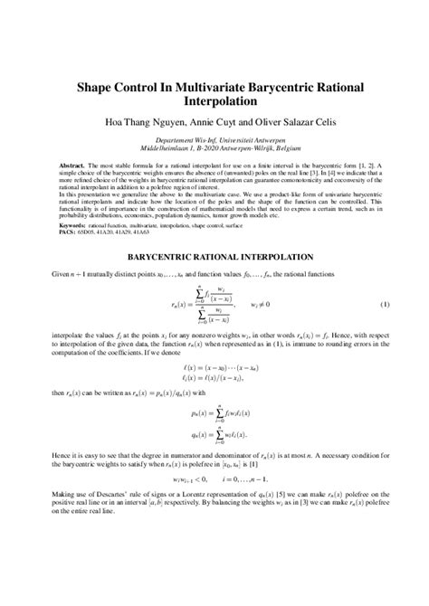 Pdf Shape Control In Multivariate Barycentric Rational Interpolation