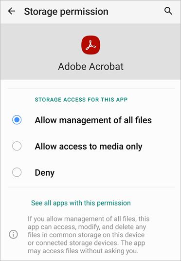 New Device Storage Permissions In Acrobat Reader App For Android