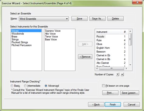 Exercise Wizard Dialog Box