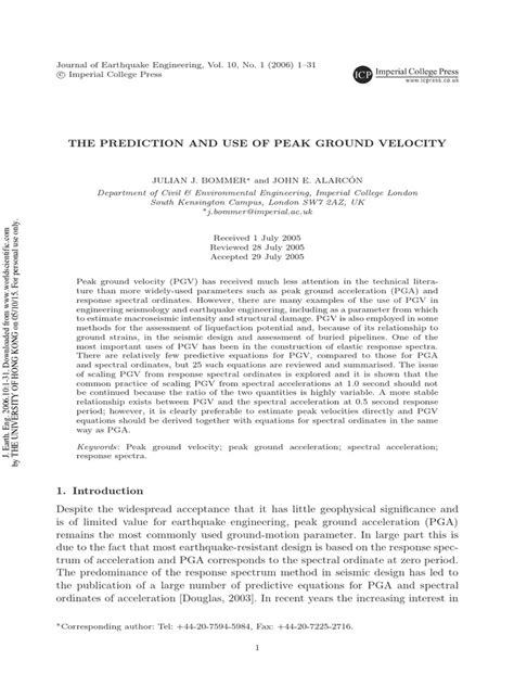 The Prediction And Use Of Peak Ground Velocity Pdf Seismology Earthquake Engineering