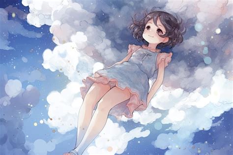 Premium Photo A Girl In A Blue Dress Is Lying On A Cloud