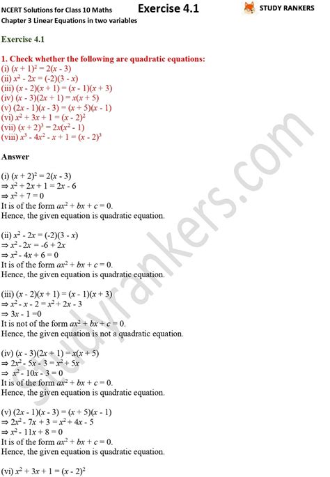 Ncert Solutions For Class 10 Maths Chapter 4 Quadratic Equations