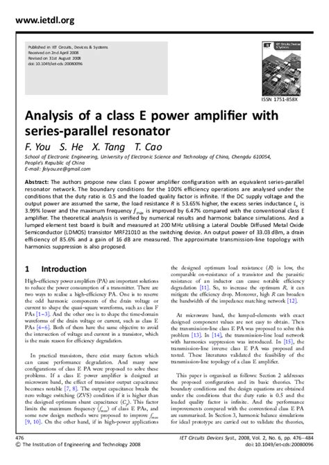 Pdf Analysis Of A Class E Power Amplifier With Series Parallel Resonator
