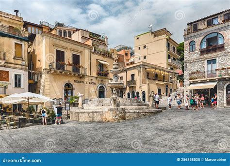 The Scenic Cathedral`s Square In Central Taormina Sicily Italy