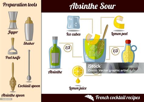 압생트 사워 칵테일 인포그래픽 세트 레시피 일러스트레이션 각얼음에 대한 스톡 벡터 아트 및 기타 이미지 각얼음 개체 그룹