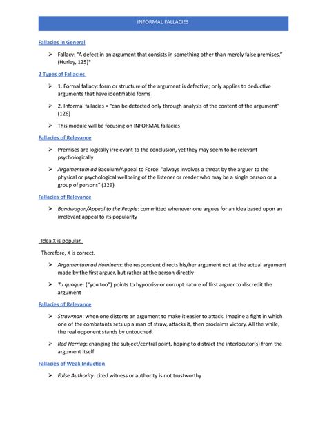 Fallacies In General Lecture Notes Chapter Fallacies In General Fallacy A Defect In An