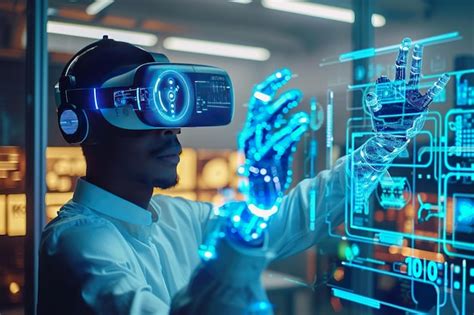 Premium Ai Image Engineer In A Virtual Reality Headset Using A Controller And A Robot Arm