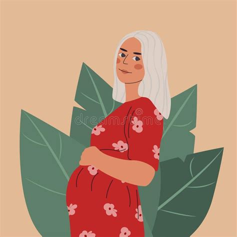Pregnant Woman In A Red Dress In Nature With Leaves In Background