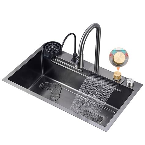 Black Nano Kitchen Sink Stainless Steel Waterfall Sink Single Bowl Workstation Kitchen Sink